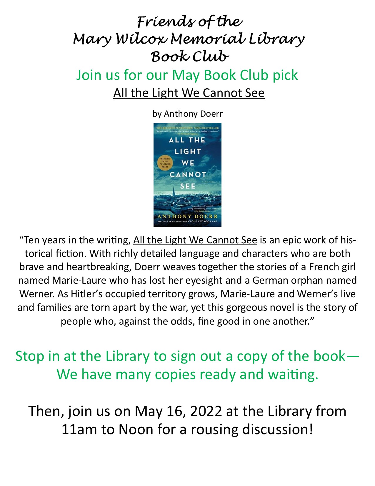 Friends of the Mary Wilcox Memorial Library Book Club – Mary Wilcox ...